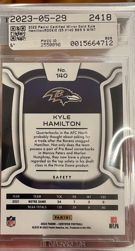2022 Certified Kyle Hamilton Mirror Gold 10/25 Beckett 9 | eBay