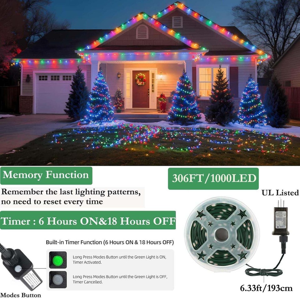 Tcamp 306FT 1000 LED Christmas Tree Lights Outdoor Indoor String Memory ...