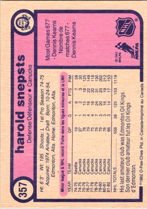 1982 OPC O-Pee-Chee #357 Harold Snepsts - Free Shipping! | eBay