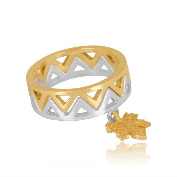 Zig Zag Stackable Ring, Leaf Charm Ring, Two Tone Ring, Wave Gold ...