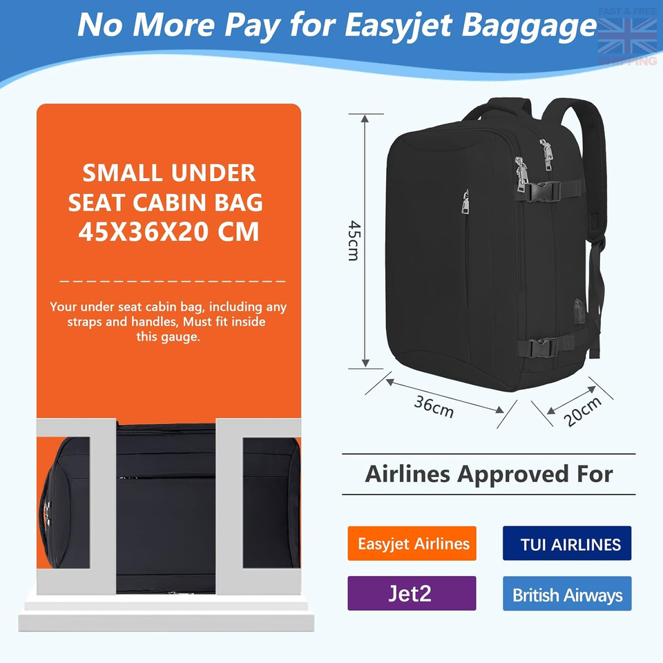 Cabin Bag 45x36x20 for New Easyjet, Underseat Cabin Luggage Bags Carry ...