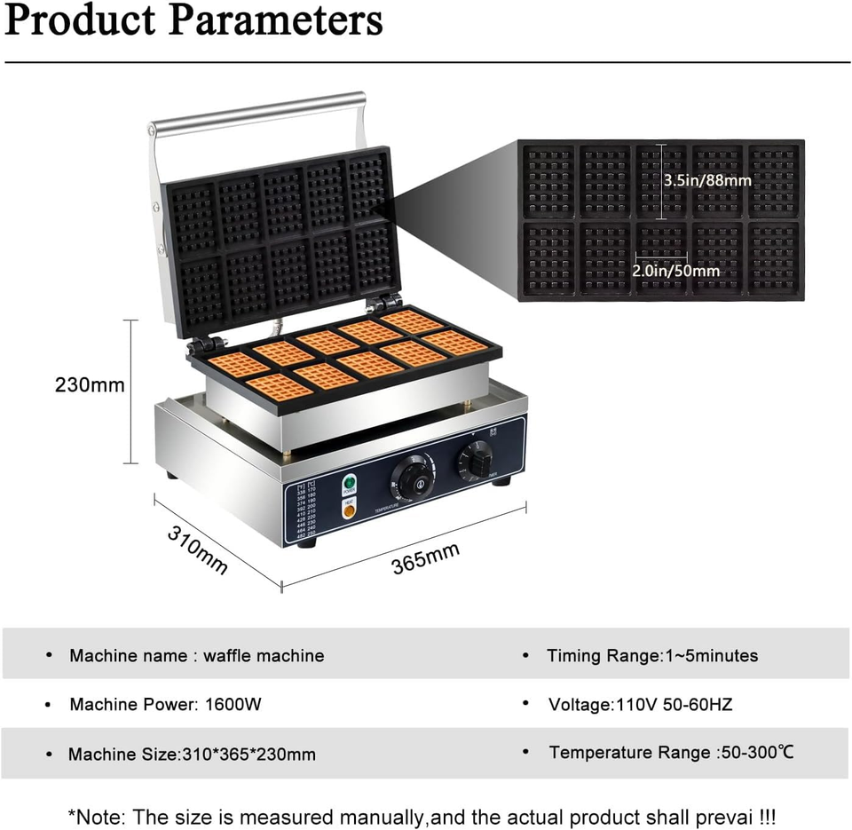 Commercial Mini Square Waffle Maker, 10 Grids 1600W Waffle Baker ...