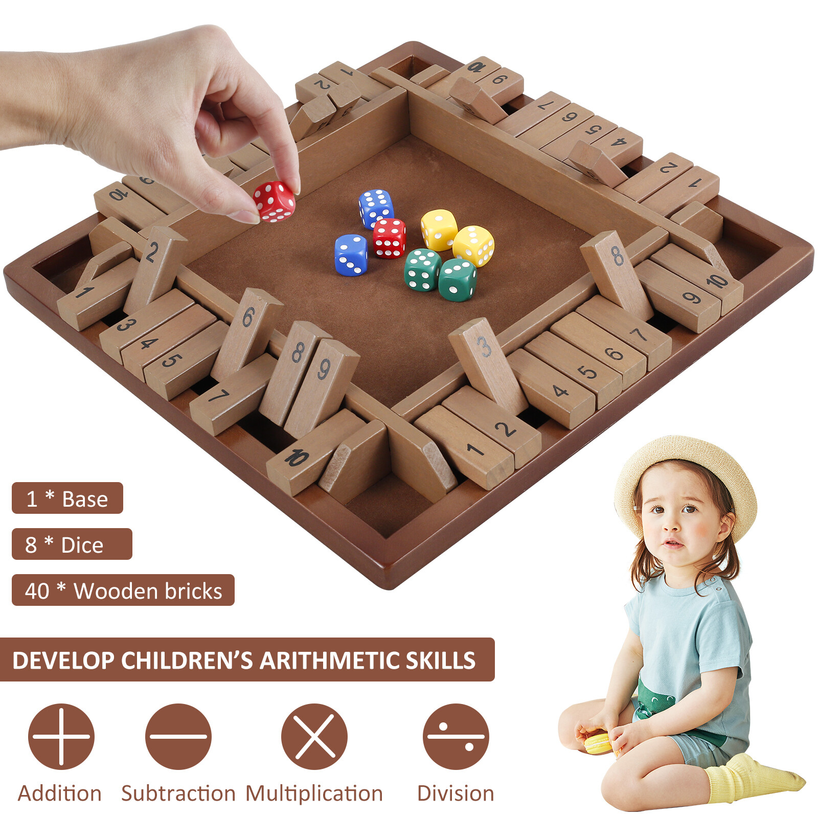 Shut The Box Dice Games 2 to 4 Players Wooden Board Table Math Game ...