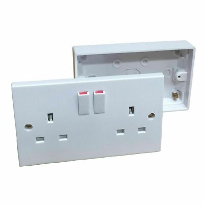 White 2 Gang Twin Double Switched Wall Socket + 25mm Surface Pattress ...
