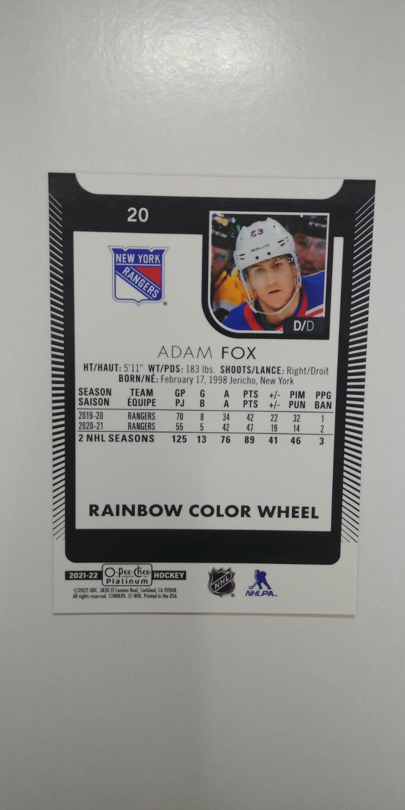 2021-22 O-Pee-Chee Platinum Rainbow Color Wheel Adam Fox #20 NY Rangers ...