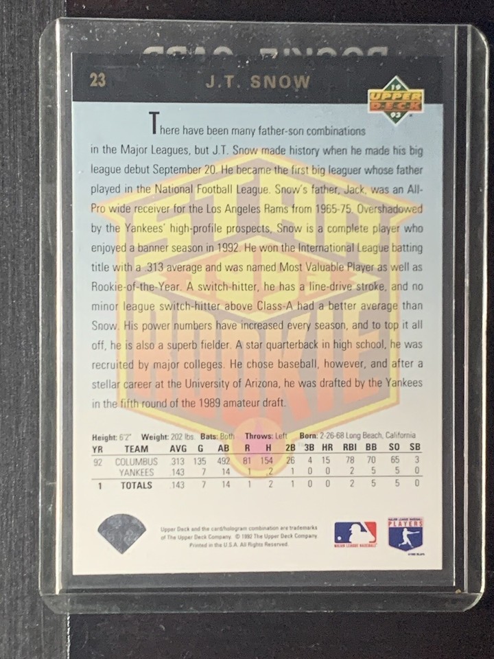 1993 Upper Deck Baseball Card Star Rookie JT Snow RC #26 NM-MT Angels ...