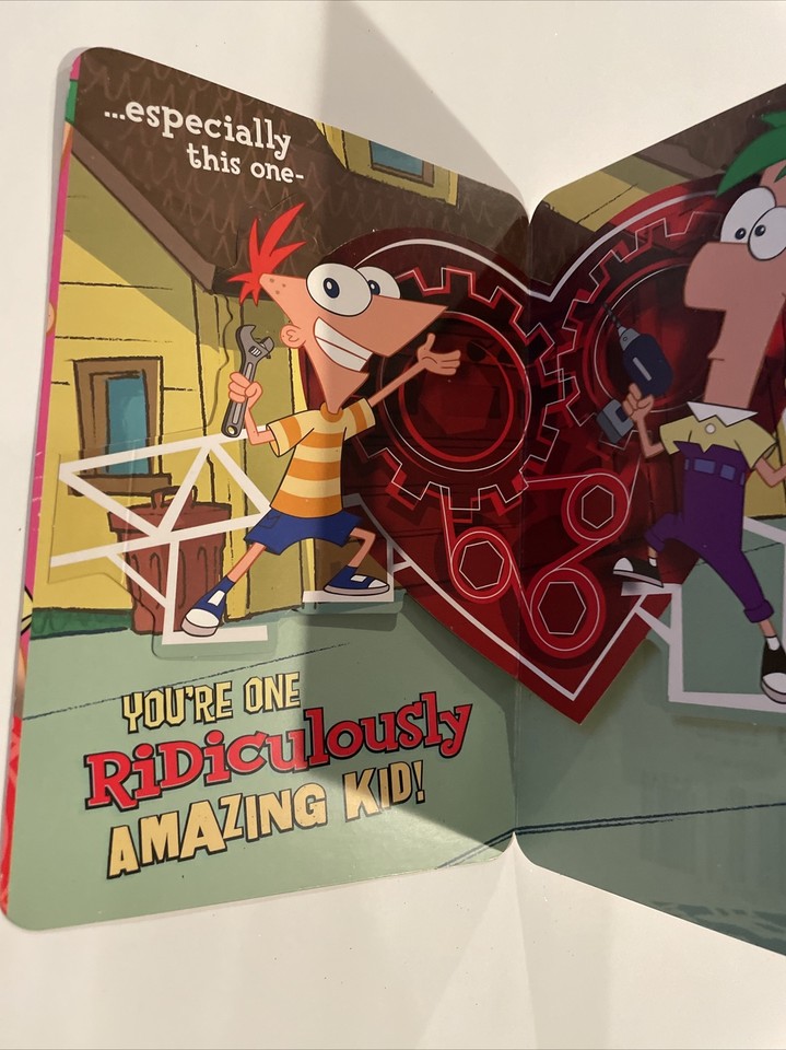 Pop Up HALLMARK 8" Disney Phineas and Ferb GREETING CARD Valentines Day ...