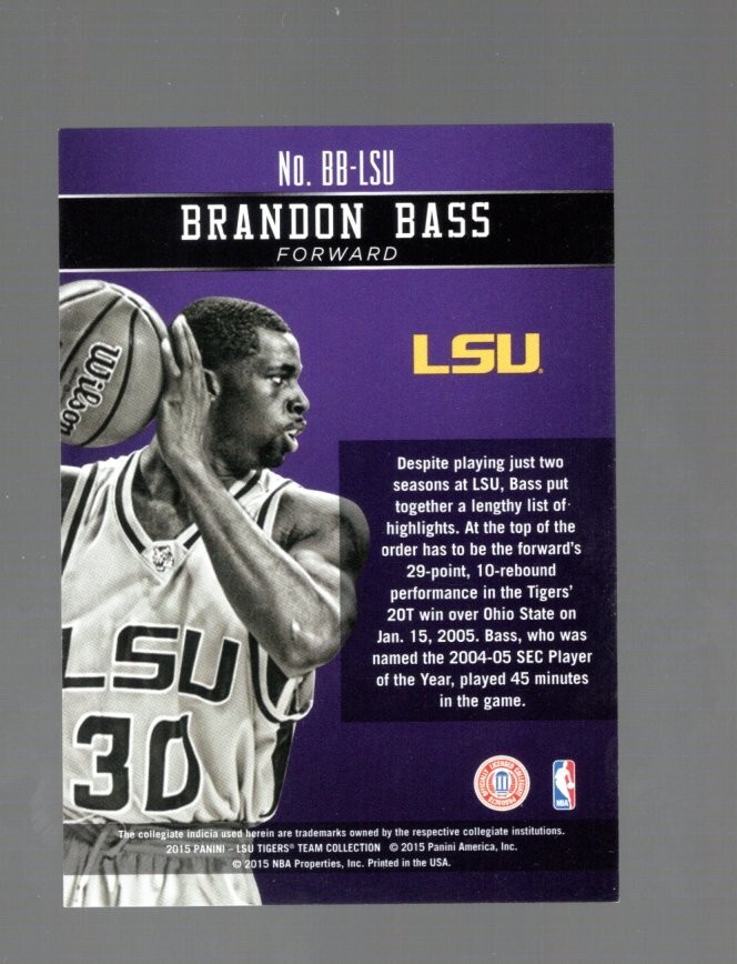 2015 PANINI LSU TIGERS BRANDON BASS #BB-LSU HONORS GOLD INSERT 10/25 | eBay