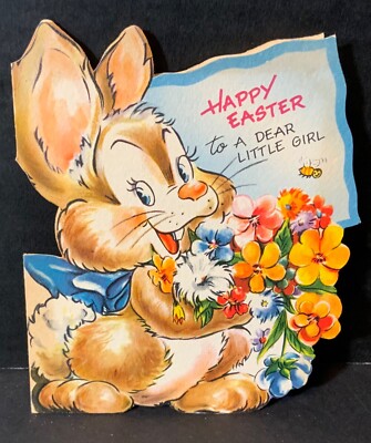 VTG 1950 Forget-Me-Not Die Cut Easter Card Anthropomorphic Bunny ...