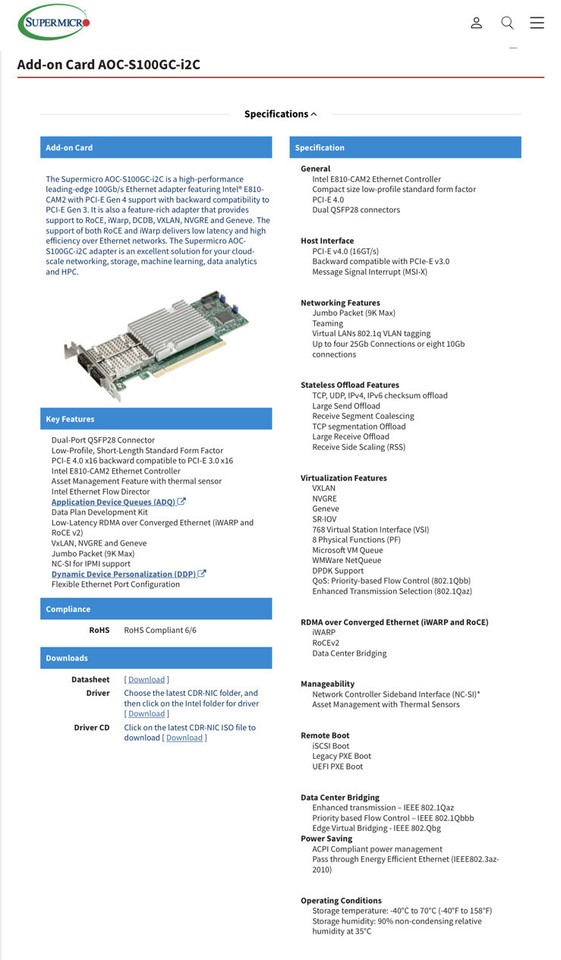 Supermicro AOC-S100GC-i2C Rev 1.02 100GbE 2-Port PCIe 4.0 x16 Low ...