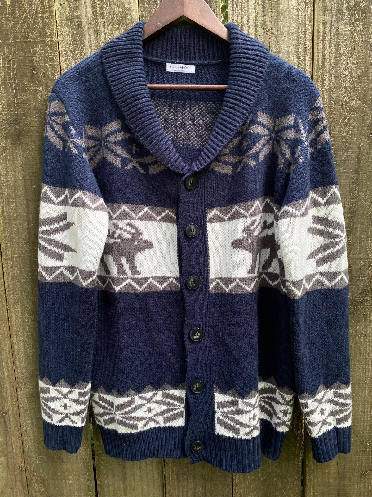 COOFANDY Cardigan Sweater Mens L Blue Brown Christmas Shawl Collar ...