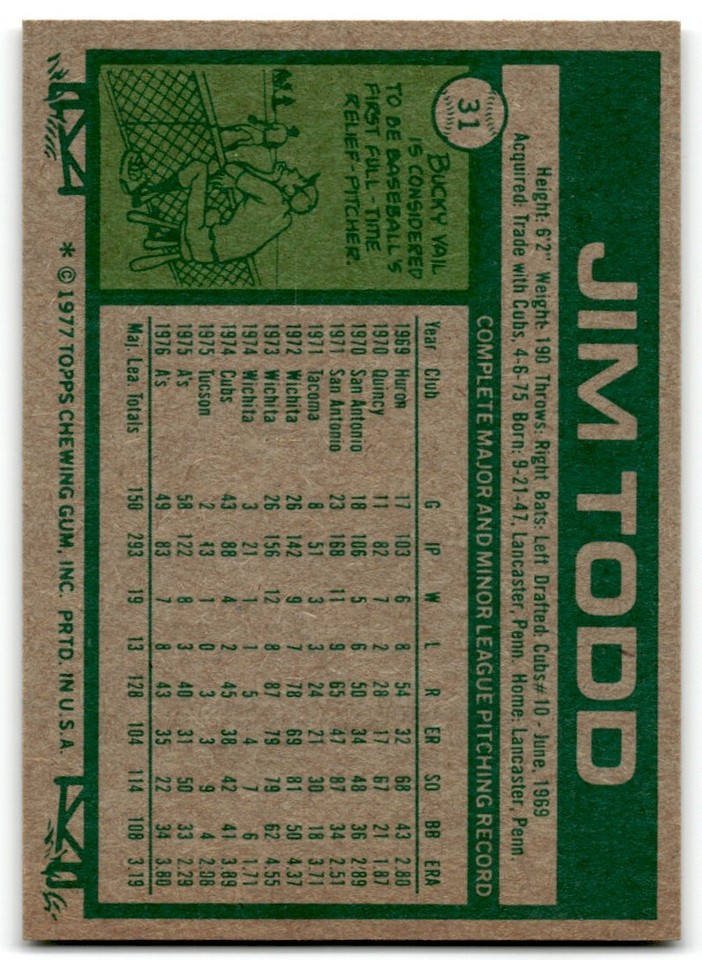 1977 Topps Jim Todd Oakland Athletics #31 | eBay