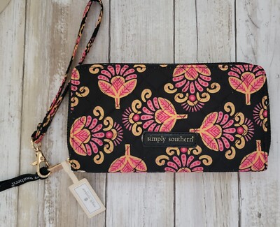 Simply Southern Phone Wallet w/ Wristlet Strap Zipper Pink/Black Flower ...