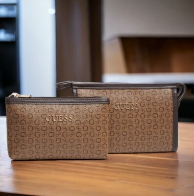 NEW WT GUESS SET OF 2 COCOA BROWN COSMETIC MAKE UP BAG POUCH RASOR ...