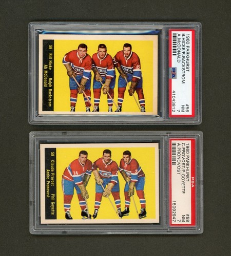 1960-61 PARKHURST HOCKEY MTL CANADIENS LINE CARDS (2) #56 PSA 7 NM, #58 ...