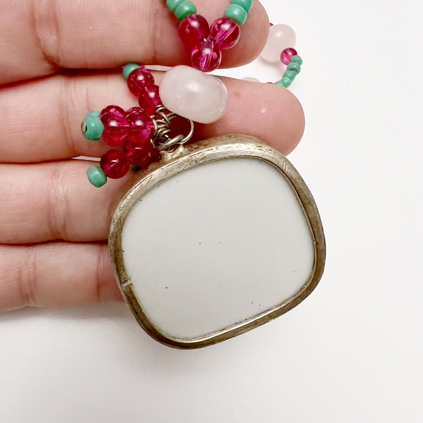 Pink & Green Chinoiserie Porcelain Shard Pendant Glas… - Gem