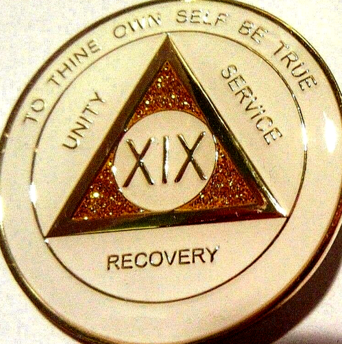 White Gold SPARKLE Alcoholics Anonymous 19 Year AA Medallion Coin Token ...
