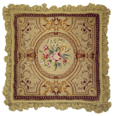 18" x 18" Handmade Wool Needlepoint Petit Point Rose Pillow with Gold ...