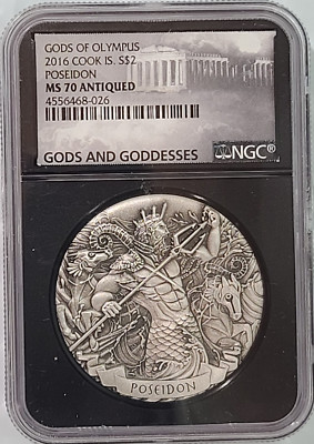 2016 Cook Islands $2 Gods of Olympus Poseidon NGC MS 70 Antiqued 2oz ...