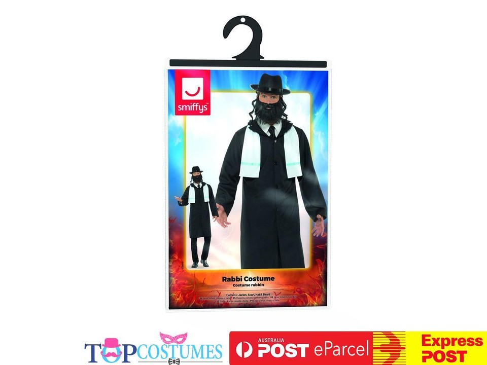Adult Rabbi Jewish Religious Coat Beard Hat Fancy Mens Costume Outfit ...