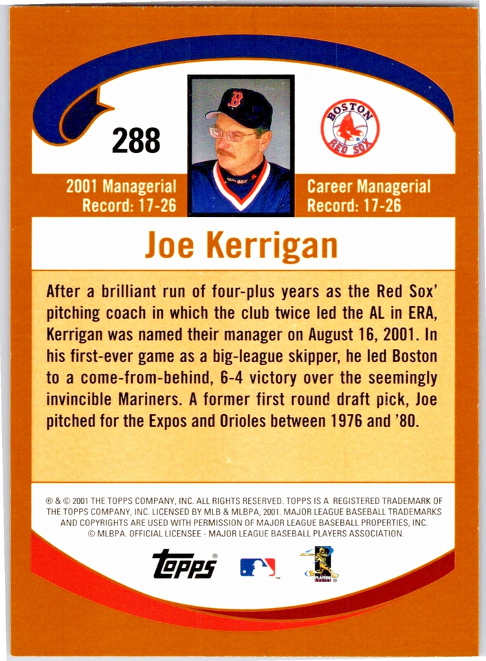 2002 Topps- Baseball #288 Joe Kerrigan Boston Red Sox Manager | eBay
