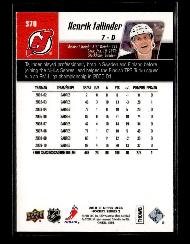 2010-11 Upper Deck #370 Henrik Tallinder UD Exclusives #/100 | eBay