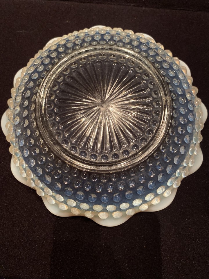 Fenton Moonstone Blue, White, Clear, Hobnail Ruffled Bowl Dish and Bud ...