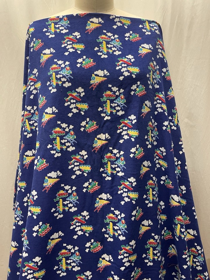 100% Cotton Blue Corduroy Plane Train Ships Clouds Print Fabric By The ...