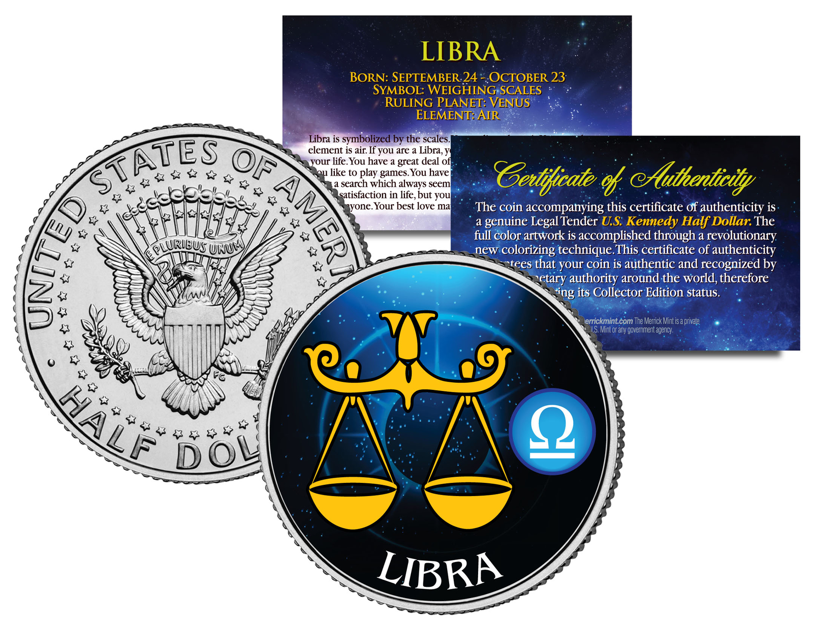 LIBRA Horoscope Astrology Zodiac Kennedy U.S. Colorized Half Dollar ...