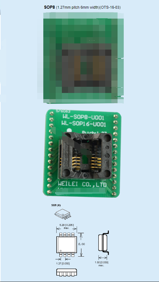 WL-SOP8-U001 1.27mm Pitch 6mm Width Socket Adapter For Wellon ...