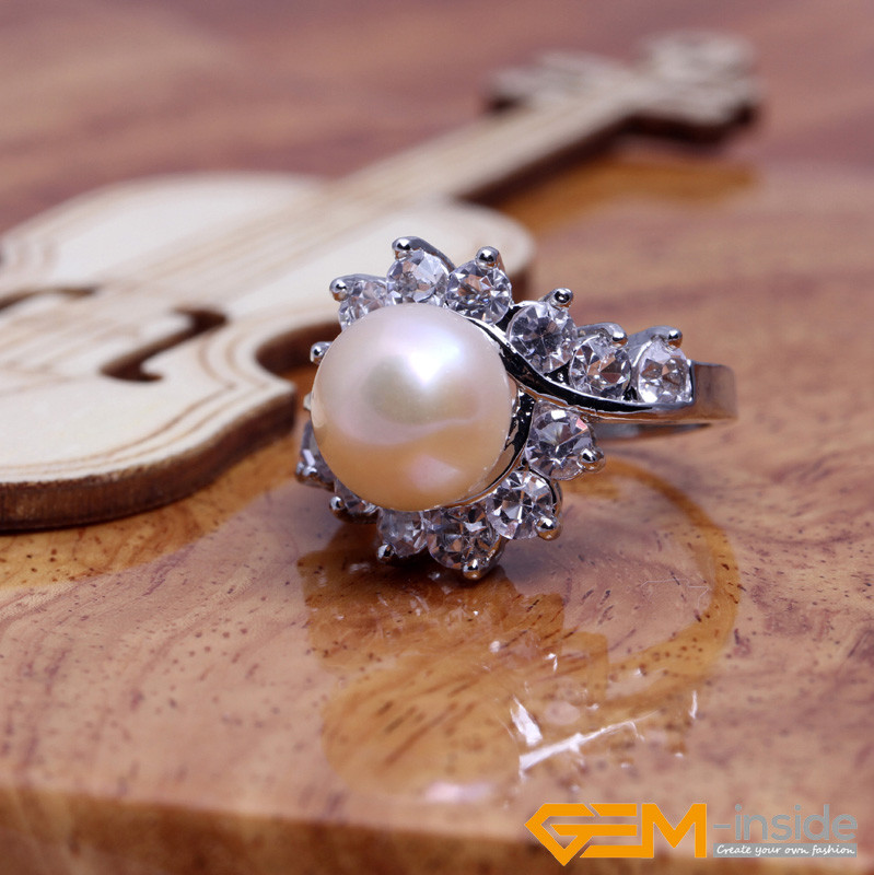 Natural Freshwater Pearl Gemstone White Gold Plated Rhinestone Rings US ...