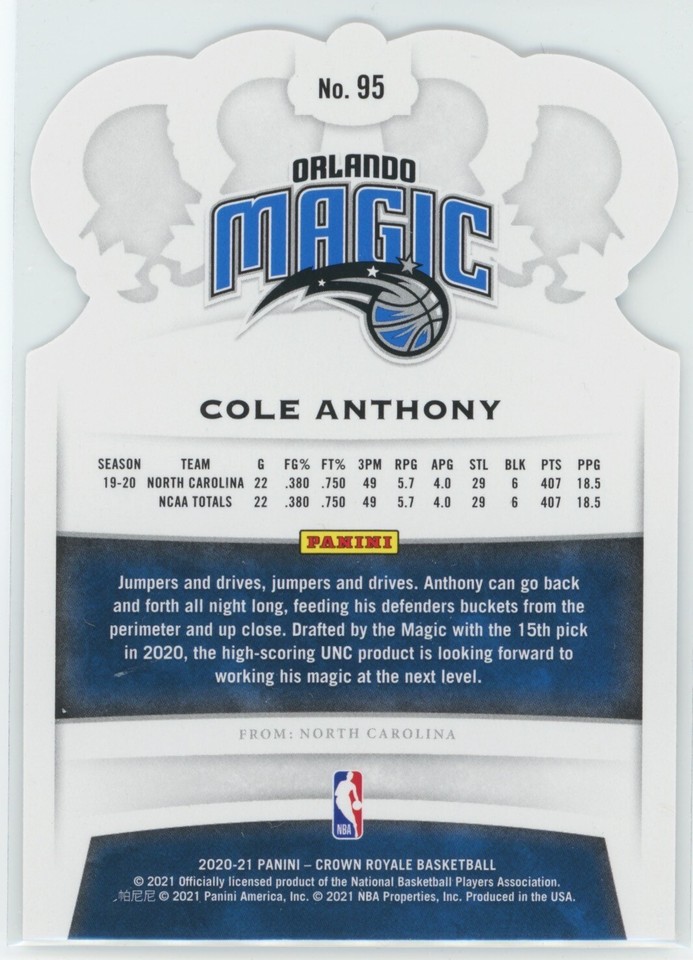 COLE ANTHONY 2020-21 PANINI CROWN ROYALE BLUE ROOKIE #95 RC | eBay