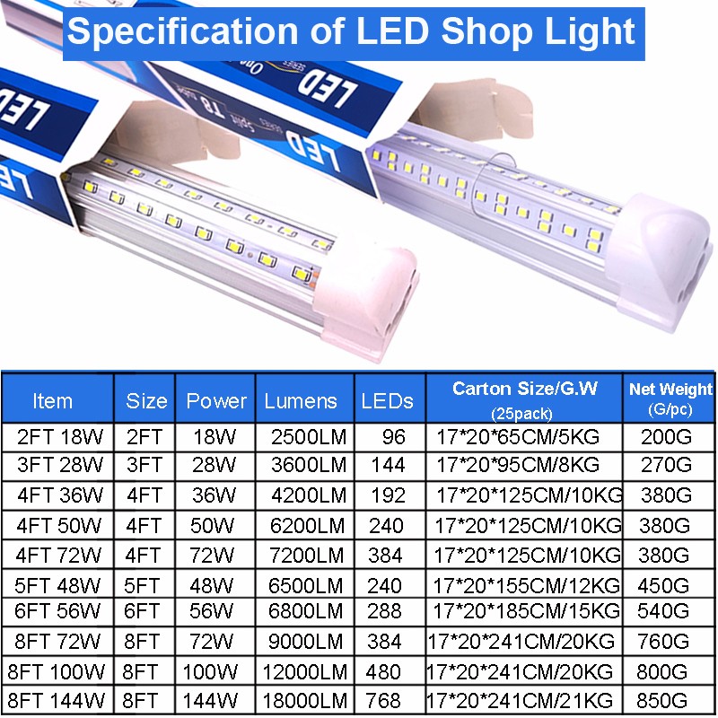 T8 Integrated led shop light 4' 72W 7200Lm Linkable Led Tube Light ...
