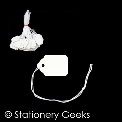 100 White Strung Tickets 32 x 22 mm Price Tags String Swing Labels 32mm ...