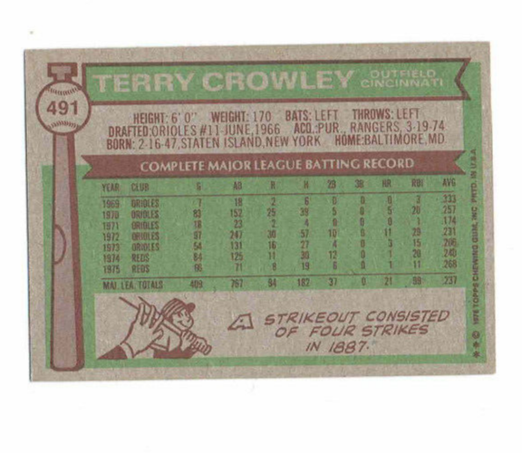 Terry Crowley Cincinnati Reds Outfield #491 Topps 1976 #Baseball Card ...
