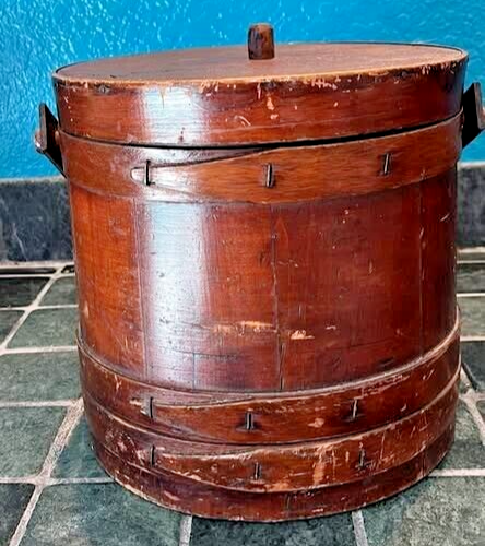 Antique vintage WOODEN FIRKIN SUGAR SEWING BUCKET with Swing Handle and ...