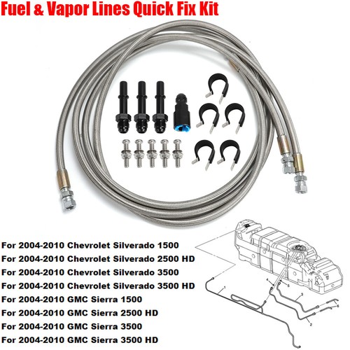 SS Braided Fuel Line Quick Fix Kit 2004-2010 Silverado Sierra Gas Flex ...