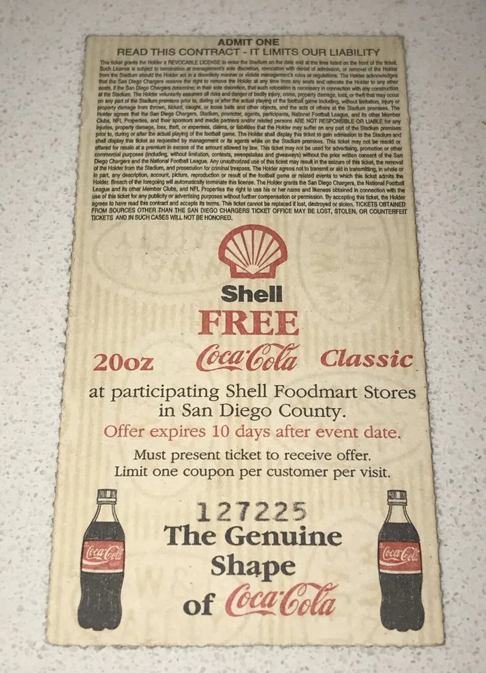 11/17/96 San Diego Chargers Tampa Bay Buccaneers NFL Coca Cola Shell ...