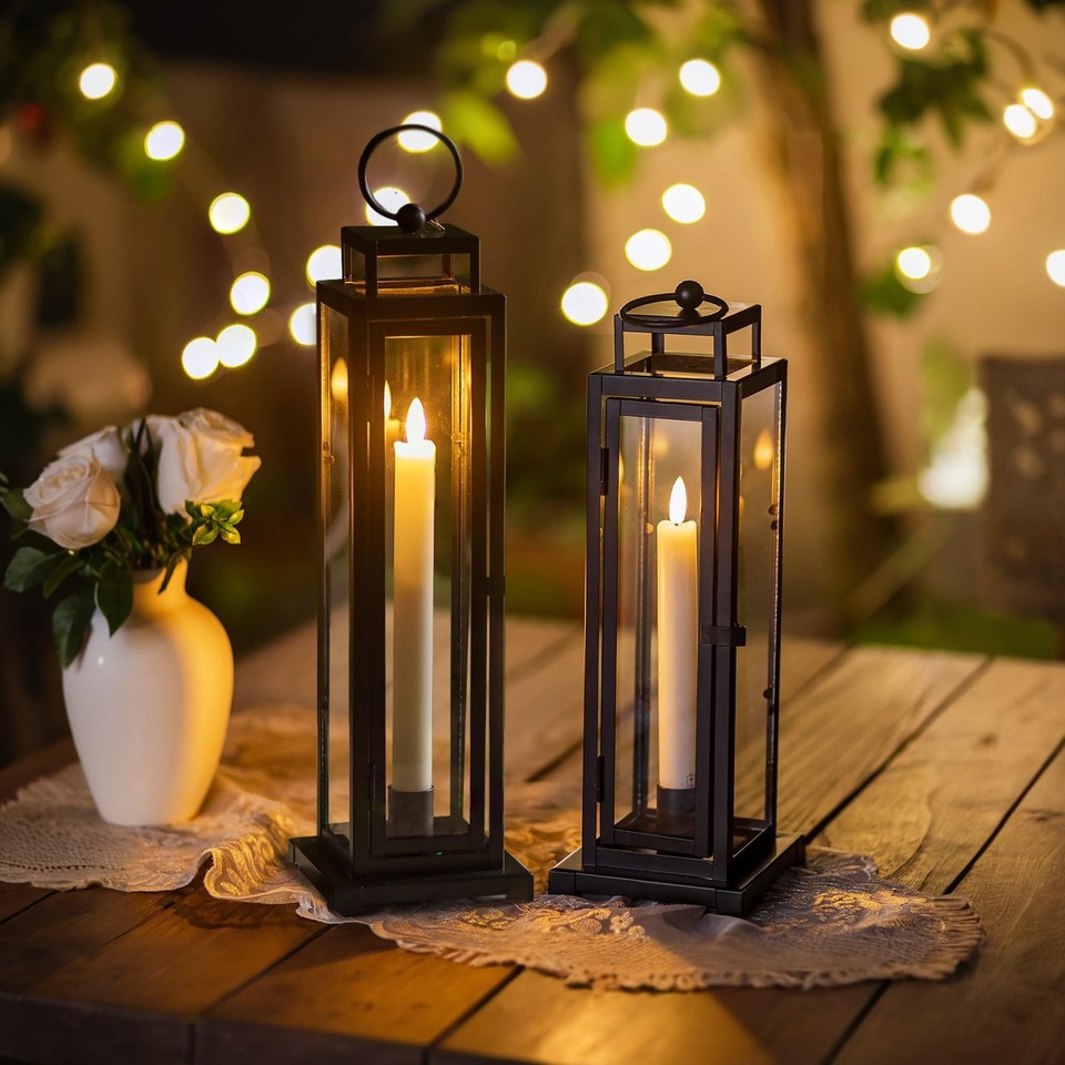 Black Lanterns Decorative Indoor Set of 2 : 13" & 15" Glass Outdoor ...