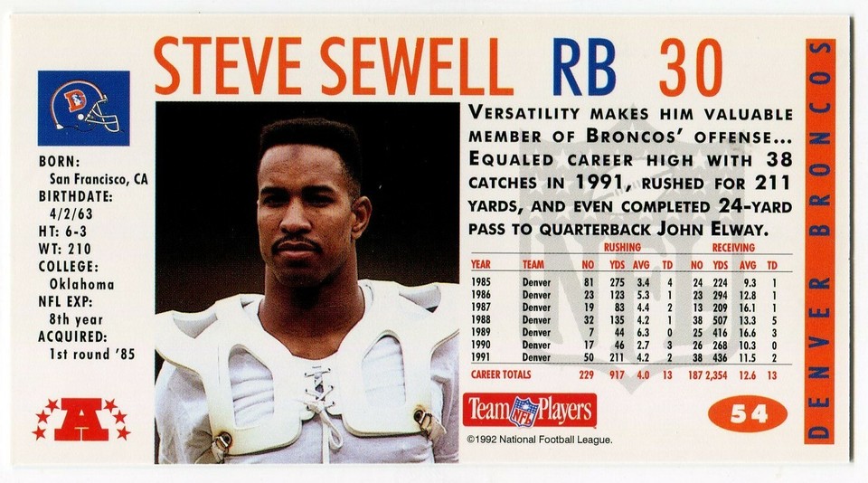 1992 GameDay #54 Steve Sewell Denver Broncos | eBay