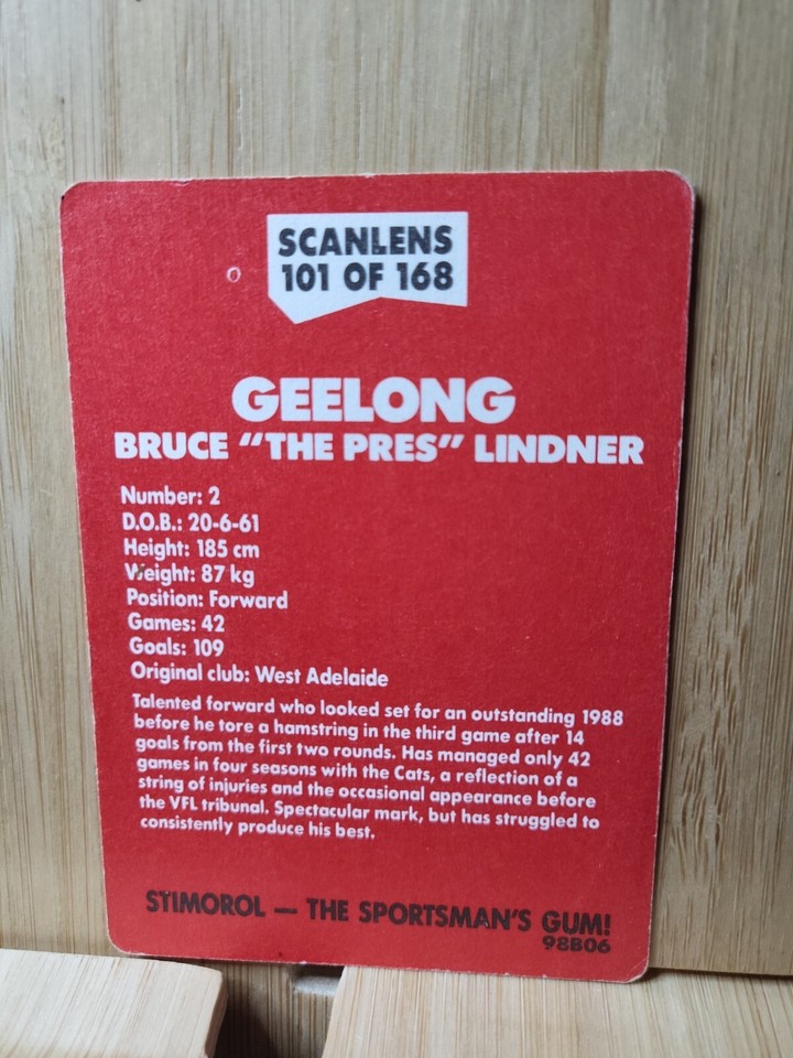 BRUCE LINDNER🏆1989 Scanlens #101 GEELONG Stimorol AFL Trading Card🏆 | eBay