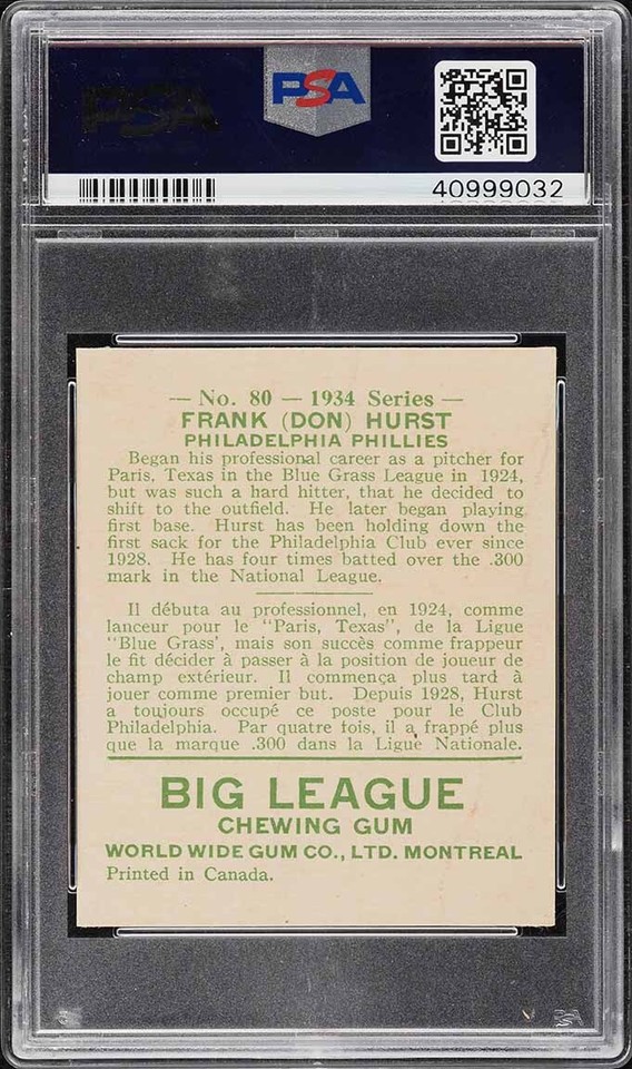 1934 World Wide Gum Baseball Elwood English #50 PSA A RARE ONLY 10 ...