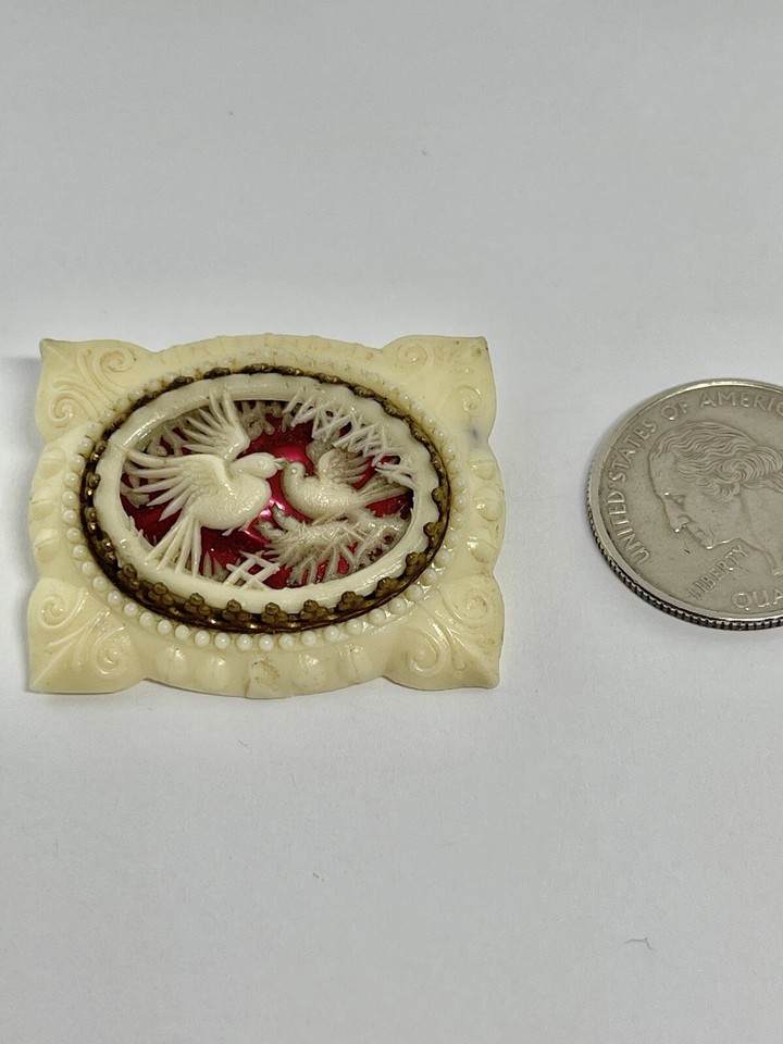 Art Deco Molded Celluloid Love Birds in Frame Pink Foil Background ...