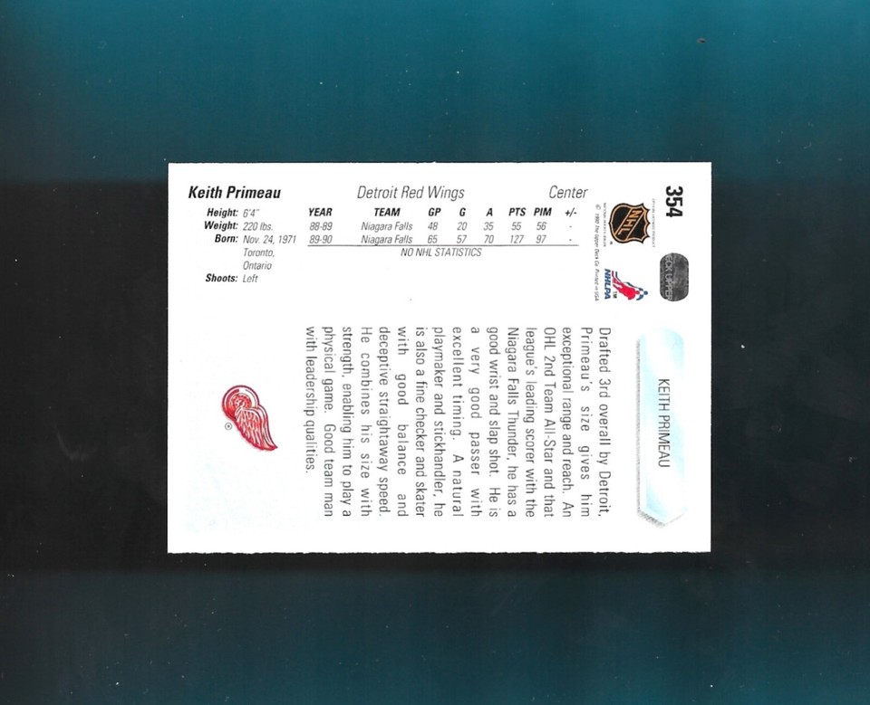1990-91 Upper Deck DRAFT ROOKIE RC # 354 KEITH PRIMEAU DETROIT RED ...