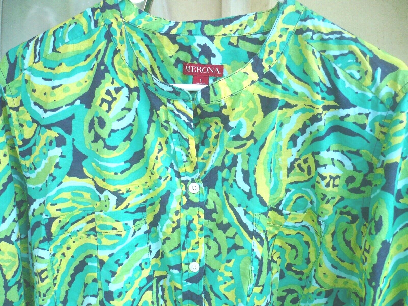 MERONA 1 1X XL PAISLEY 100% COTTON BUTTON UP SHIRT TAB 3/4 SLEEVE GREEN ...