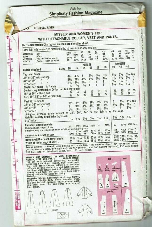 Simplicity #5356 VTG Top- with Detachable Collar-Vest & Pants Pattern ...
