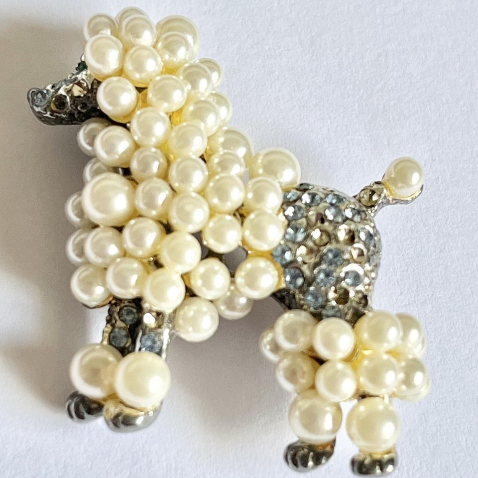 Vintage Pearl Poodle Dog Brooch Pin Pot Metal Silver Tone 50s Crystal ...