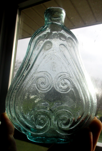 NICE AQUA OPEN PONTIL HISTORIC SCROLL FLASK PINT 1850'S ERA CLEAN L@@K ...