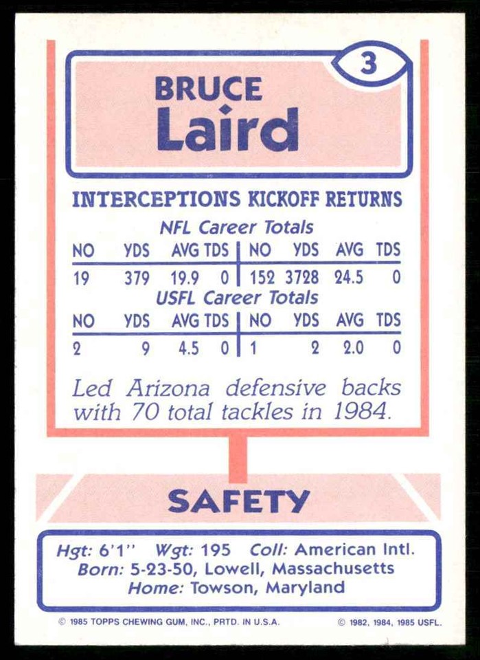 1985 Topps USFL #3 Bruce Laird Arizona Outlaws | eBay