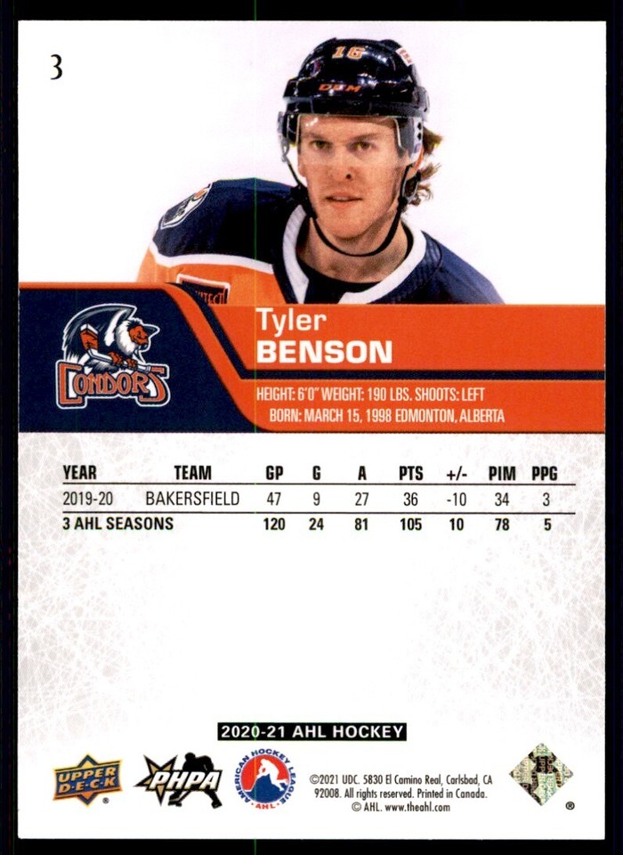 2020-21 Upper Deck AHL #3 Tyler Benson | eBay